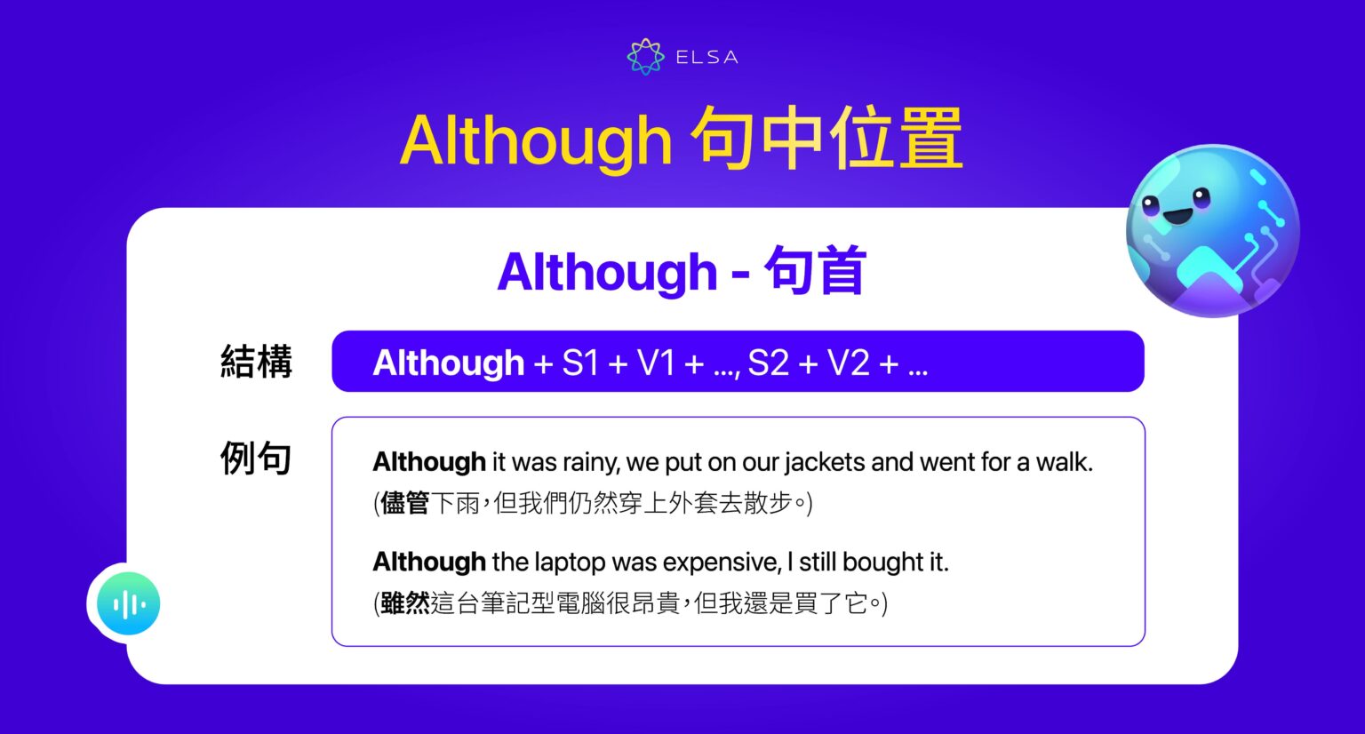although 用法：詳細解釋、例句與應用練習