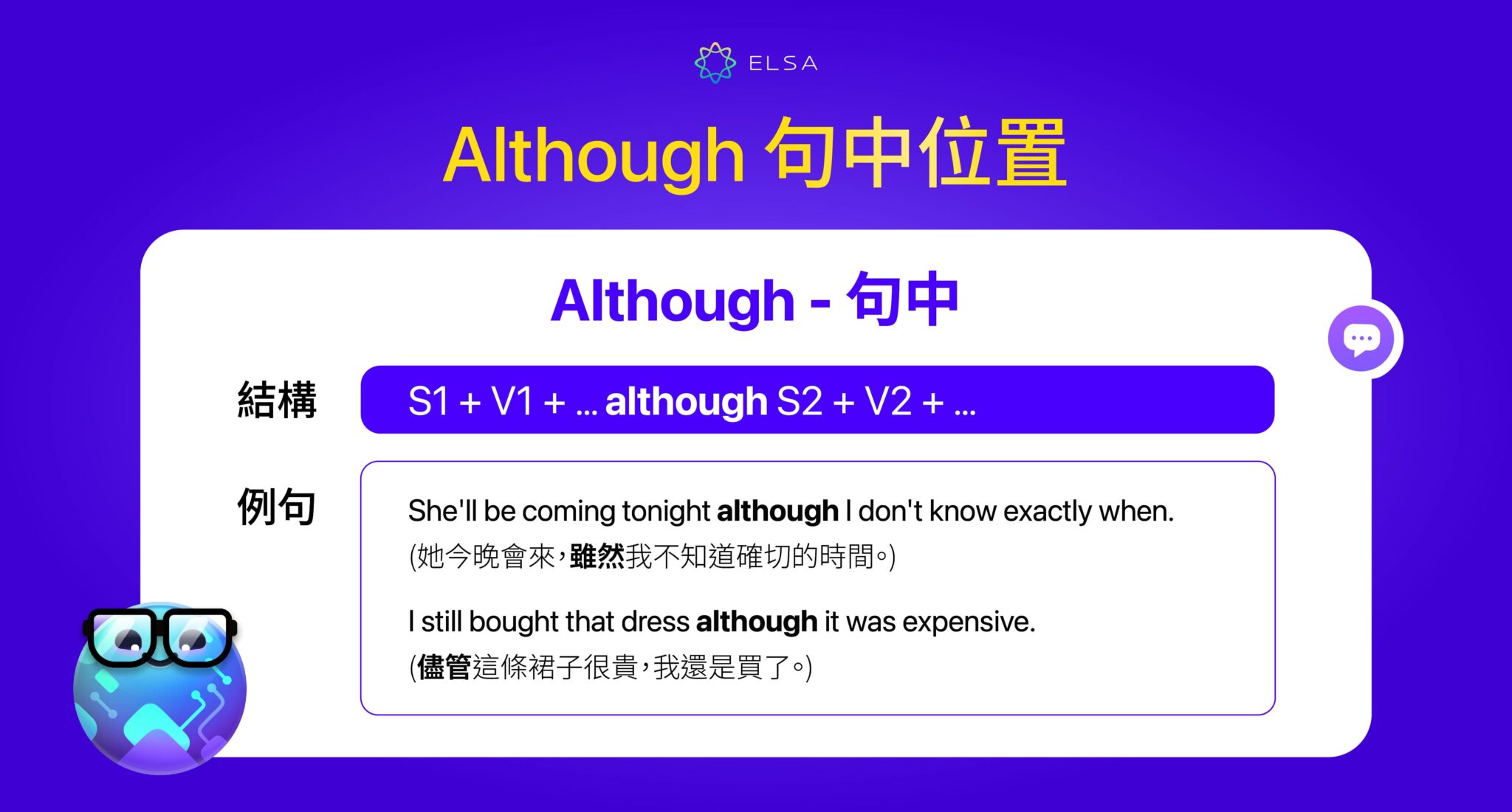 although 用法：詳細解釋、例句與應用練習