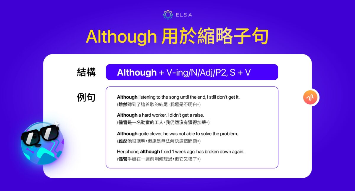 although 用法：詳細解釋、例句與應用練習